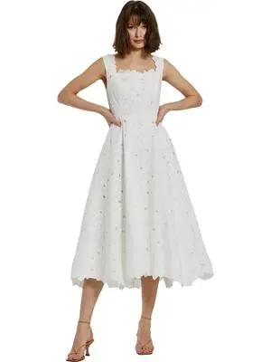 Mac Duggal Embroidered Cotton A-Line Midi Dress - White | Editorialist