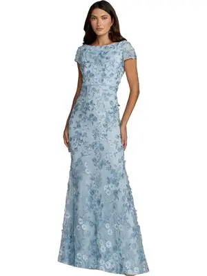 Mac Duggal Floral Applique Boat Neck Cap Sleeve Gown - Blue