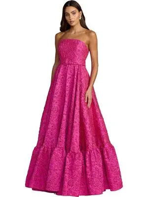 Mac Duggal Strapless Floral Brocade Ball Gown With Belt - Hot Pink