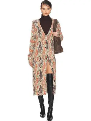 R13 Printed Long Cardigan - Khaki & Orange Multicolor