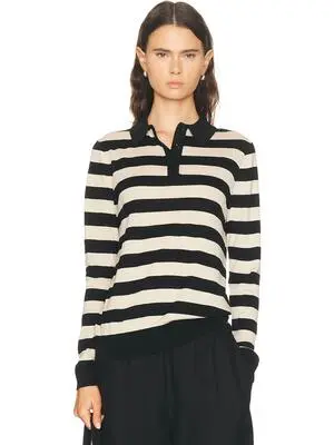 Enza Costa Stripe Silk Knit Polo Sweater - Black & Wheat