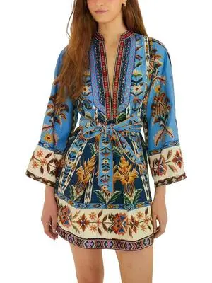 Farm Rio Embroidered Tapestry V-neck Mini Dress - Blue