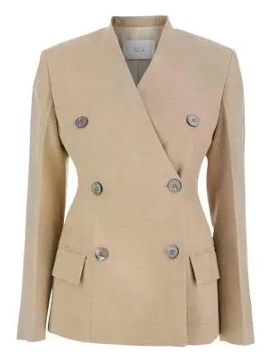TELA Lapel-less Double-breasted Blazer - Neutrals
