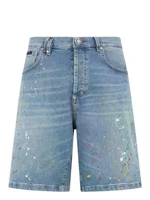 Philipp Plein Paint-splatter Denim Shorts - Blue