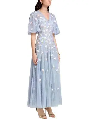 NEEDLE & THREAD Floral-embroidered Midi Dress - Blue