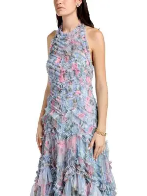 NEEDLE & THREAD Floral-print Maxi Dress With Ruffle Trim - Blue