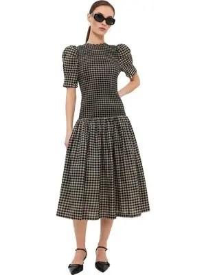 TANNER FLETCHER Imelda Smocked Midi Dress - Black Plaid