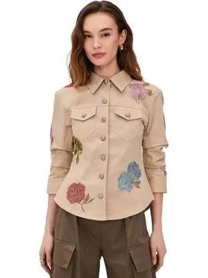 Cinq À Sept Collared Jacket With Rose Motif - Khaki Multi