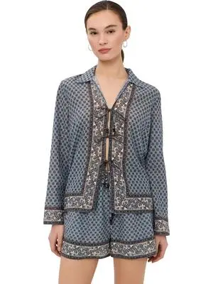 Veronica Beard Printed Voile Top With Ties - Blue Jay Multi