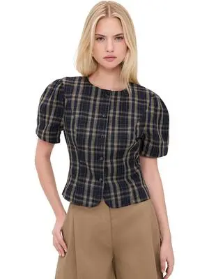 Lioness Femme Plaid Blouse - Navy Lemon Plaid