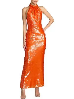 Mac Duggal Sleeveless Sequin Halter Gown Tangerine