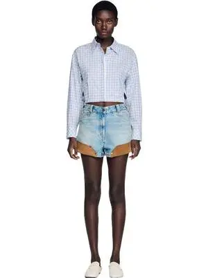 Sandro Riveted Denim And Suede Shorts Light Bu Jean