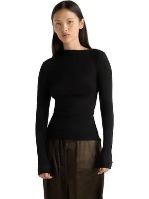 Modern Citizen Asymmetric-neck Semi-sheer Ruched Tee - Black