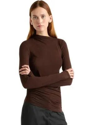 Modern Citizen Asymmetric-neck Semi-sheer Ruched Tee - Umber