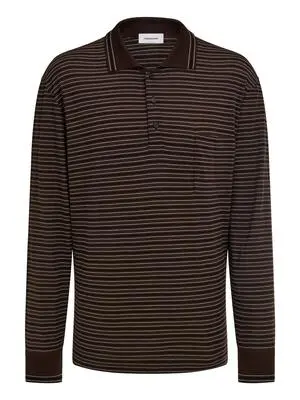 FERRAGAMO Long Sleeve Striped Polo Shirt - Brown