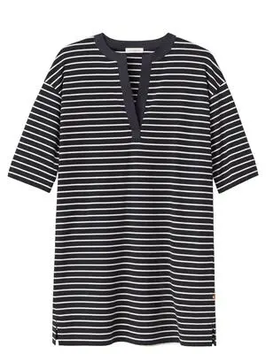 Lafayette 148 New York Stripe Cotton Rib Short Sleeve Dress - Ink Multi