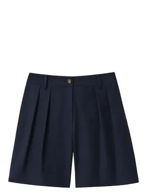 Lafayette 148 New York Cotton Twill Pleated Wide Leg Shorts - Blue Ink