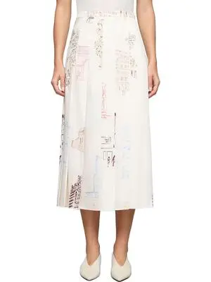 Lafayette 148 New York Manhattan Print Twill Pleated Midi Skirt - Cloud Multi
