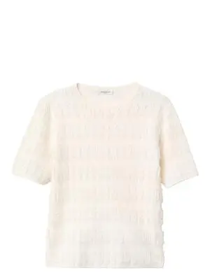 Lafayette 148 New York Cotton Voile Fringe Jacquard Short Sleeve Sweater - Cloud