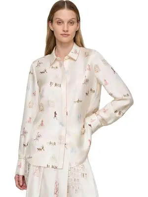 Lafayette 148 New York Manhattan Print Silk Twill Blouse - Cloud Multi