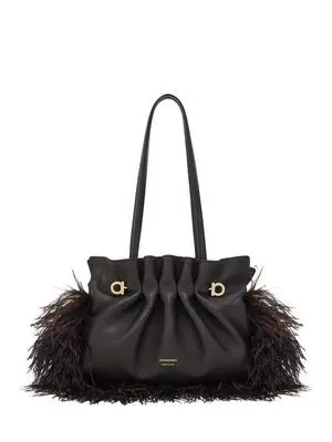 FERRAGAMO Soft Bag With Feather Trim - Gold