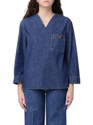 Valentino Garavani Cotton Denim V-neck Blouse - Gnawed Blue