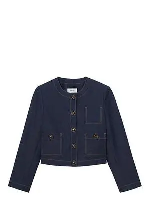 REISS Edie Collarless Cropped Jacket - Dark Blue