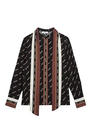 REISS Lydia Tie-neck Chain-print Woven Shirt - Black