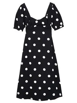 REISS Astrid Puff-sleeve Polka-dot Linen Midi Dress - Navy Ivory