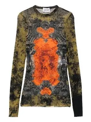 JEAN PAUL GAULTIER Mesh Printed Medaillon Long Sleeve Top - Black/khaki