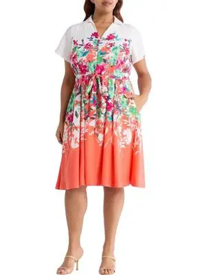 TAHARI ASL Floral Print Shirtdress - Coral Floral