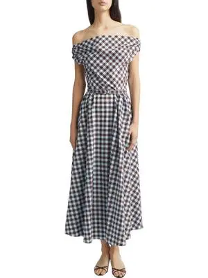 Oscar De La Renta Gingham Print Off-the-shoulder Cotton Poplin Dress - Ice/mahogany