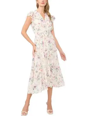 CECE DUPRAZ Floral Flutter Sleeve Midi Dress - New Ivory