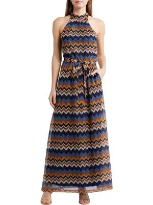 Julia Jordan Mock Neck Tie Belt Maxi Dress - Blue Multi