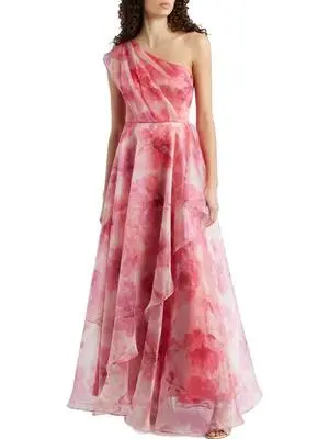 Eliza J One-shoulder Floral Chiffon Gown - Poppy