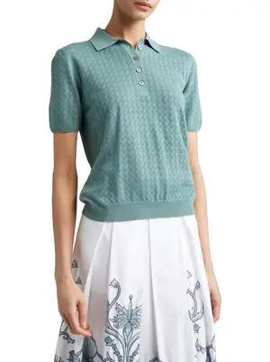 Eleventy Avalon Pointelle Jacquard Merino Wool Polo Sweater - 175 Jade