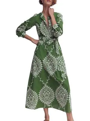 Boden Ava Embroidered Long Sleeve Cotton Midi Dress - Green Broderie