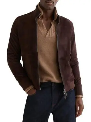 REISS Brent Goatskin Suede Jacket - Chocolate Brown