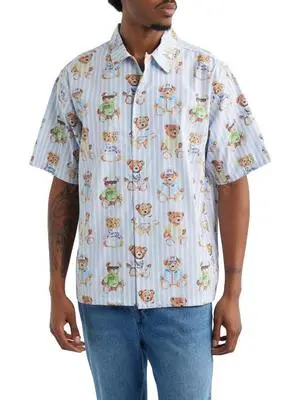 MARKET Stripe Teddy Graphic Button-up Shirt - Blue Multi