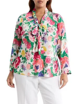 TAHARI ASL Floral Tie Neck Satin Top - Ivory Multi