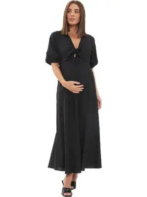 RIPE MATERNITY Camille Tie Front Linen Dress - Black