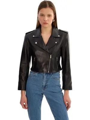 LAMARQUE Leather Cropped Biker Jacket - Black
