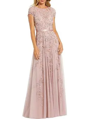 Mac Duggal Floral Embellished Cap Sleeve Gown - Mocha