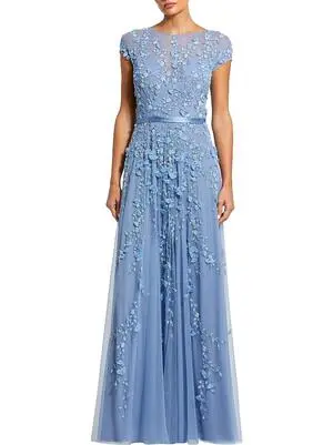 Mac Duggal Floral Embellished Cap Sleeve Gown - Sky Blue