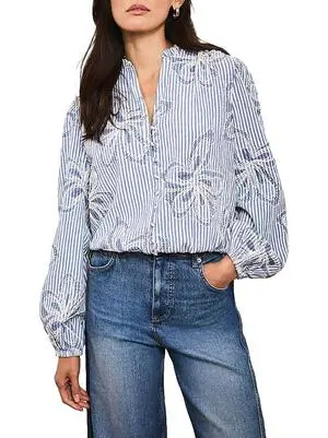 Mint Velvet Striped Embroidered Floral Blouse - Blue