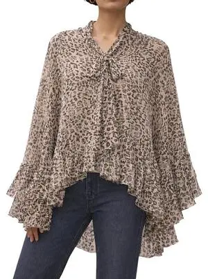 Mint Velvet Leopard Print Ruffle Blouse - Camel