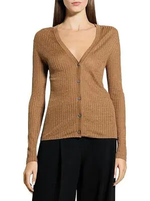Theory Linen Blend Ribbed Cardigan - Mid Khaki