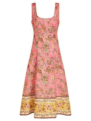 Zimmermann Floral-print Linen Midi Dress With Cutout Detail - Pink