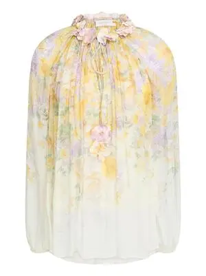 Zimmermann Gathered Floral-print Crepon Blouse - Pastel Yellow