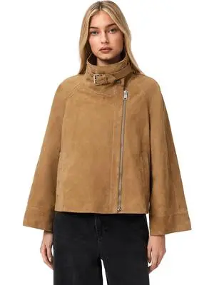 ALLSAINTS Rhodes Relaxed Fit Suede Jacket Camel Brown